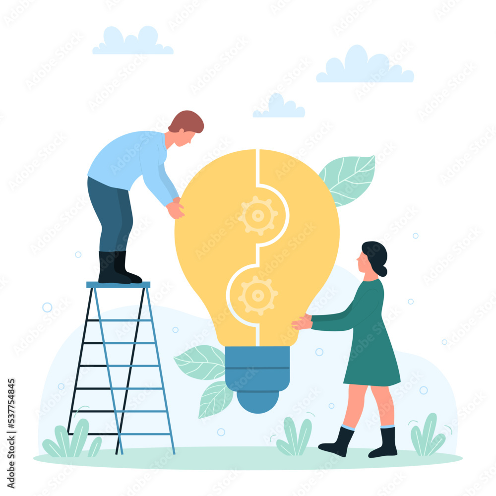 Success teamwork vector illustration. Cartoon tiny people connect together two part of big light ...
