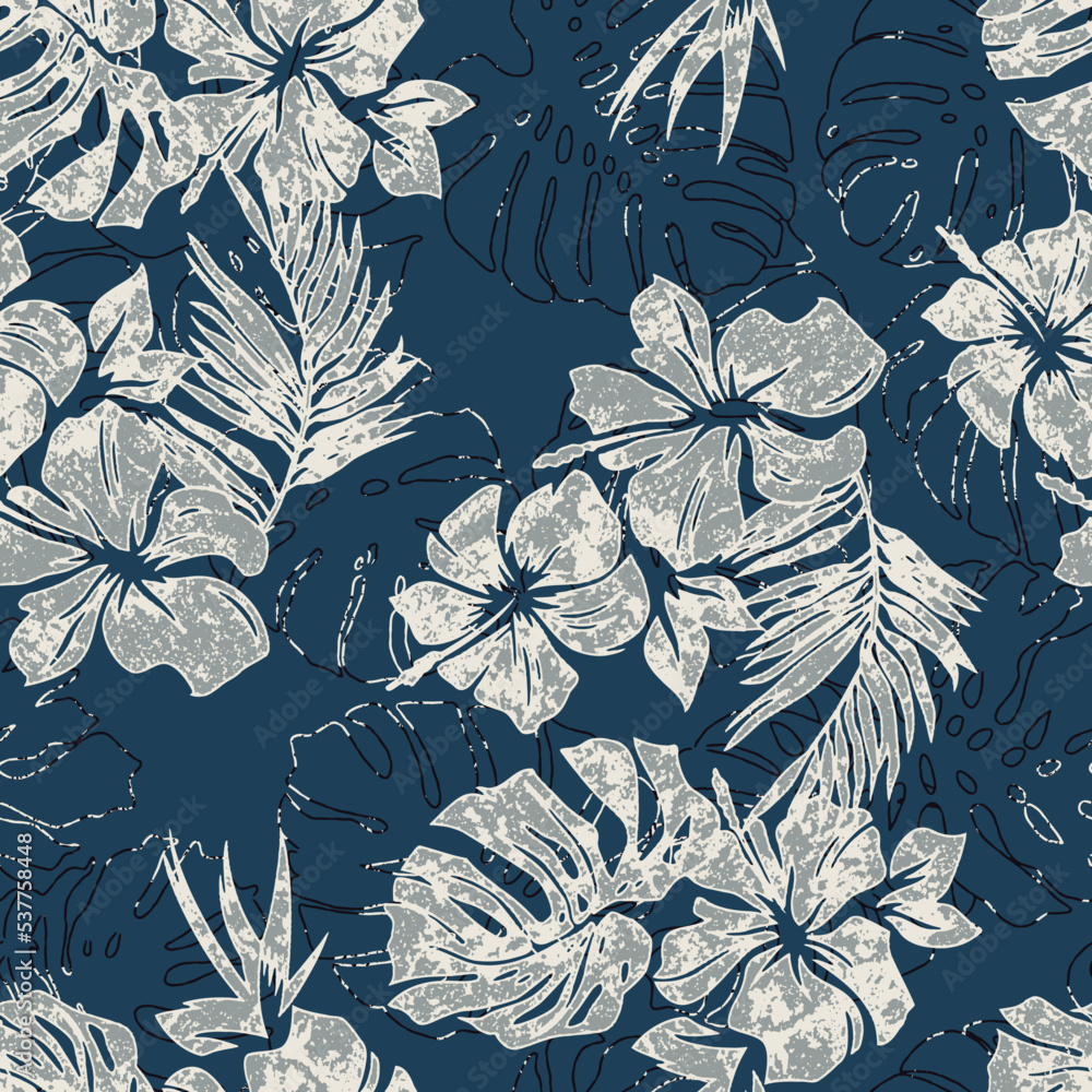 Blue hibiscus flowers tropical leaves wallpaper grunge Hawaiian style ...