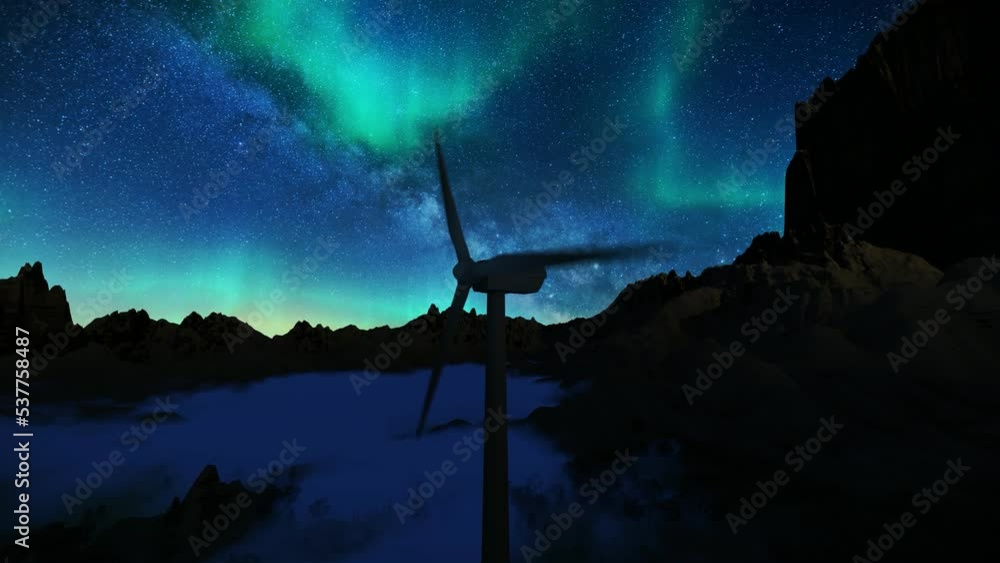 Aurora borealis over mountain peaks, fly towards maintenance workers on ...
