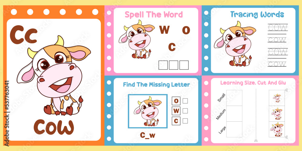 worksheets pack for kids with cow vector. children's study book Stock ...
