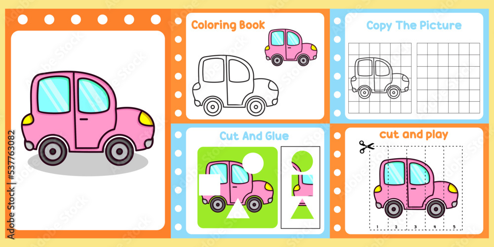 worksheets pack for kids with car vector. children's study book Stock ...