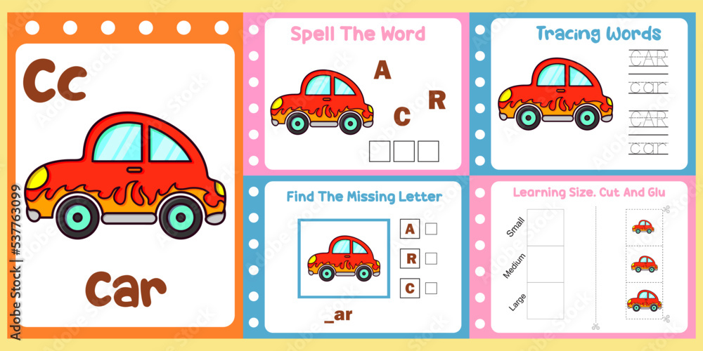 worksheets pack for kids with car vector. children's study book Stock ...