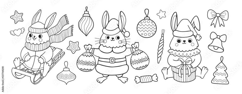 Christmas rabbit outline cartoon character set. Bunny on sled, in santa ...