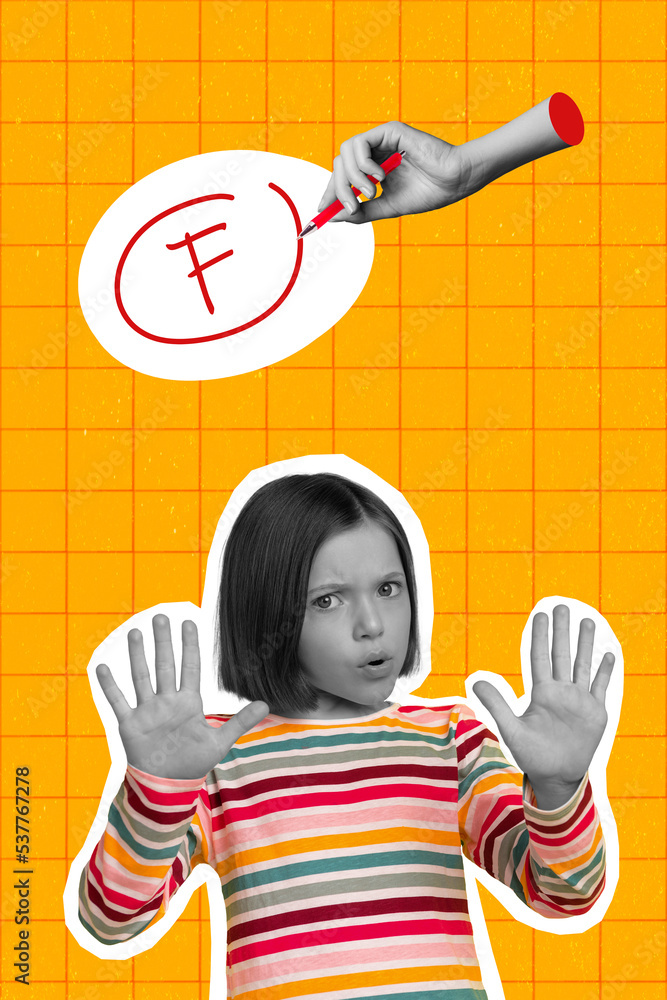 Creative drawing collage picture of stressed child schoolgirl bad f ...