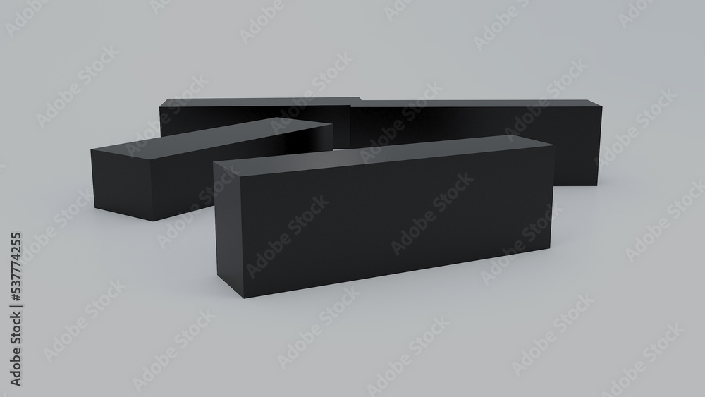 Black boxes, cuboids, a 3D render on a gray background. Packshot photo ...