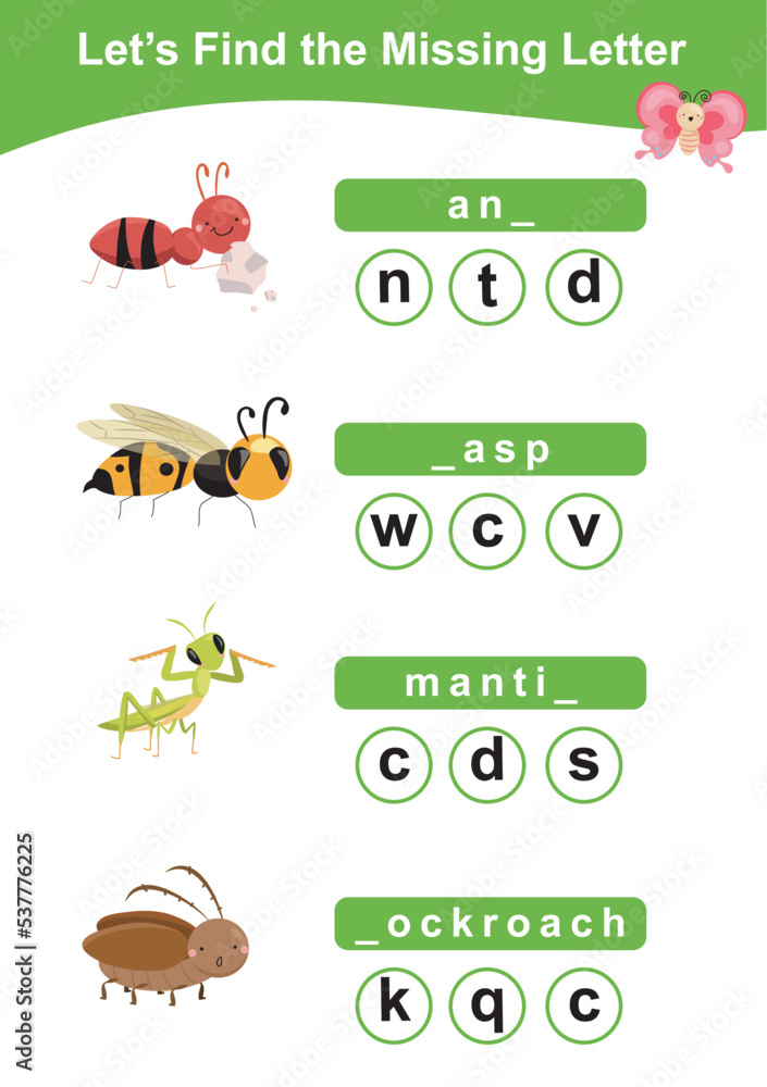 Find the missing letter insect edition. Printable children activity ...