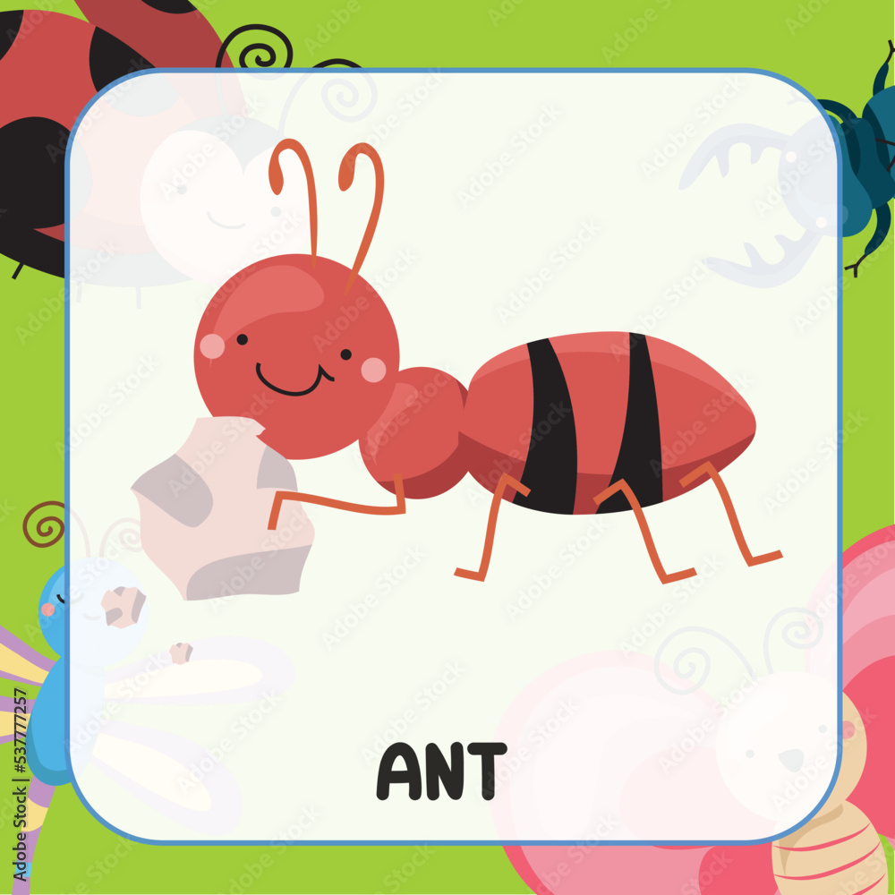 Cute insect flashcards for Children. Bugs flashcards cute character ...