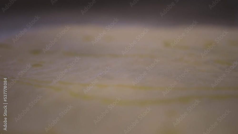 Pizza cooking. A professional chef pours virgin olive oil on stretched ...