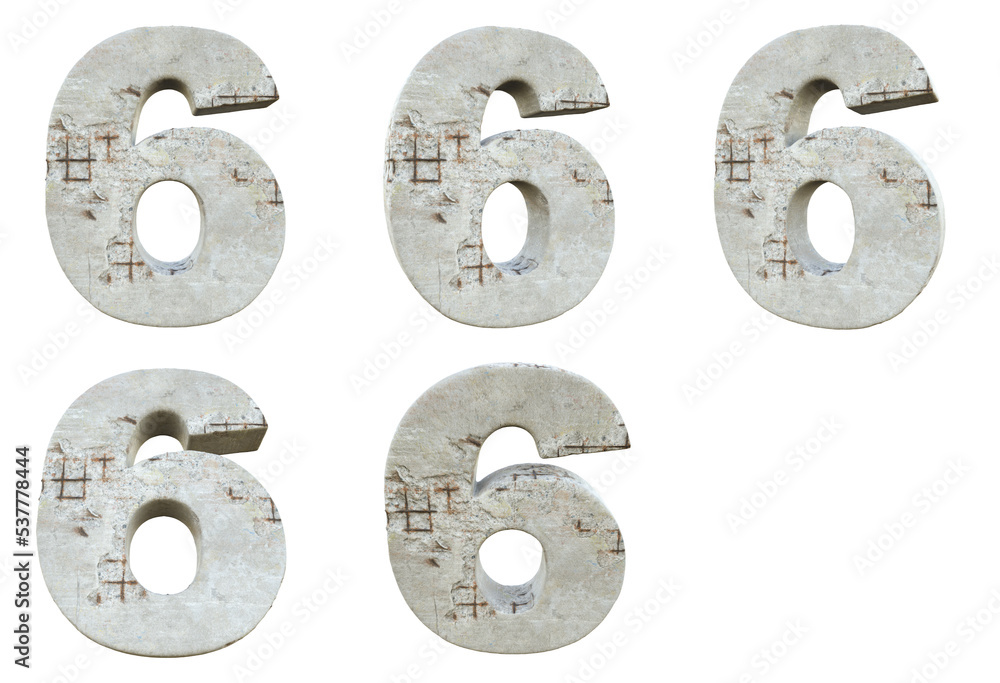 3D font with transparent background. Damaged Concrete. Number 6. 5 ...