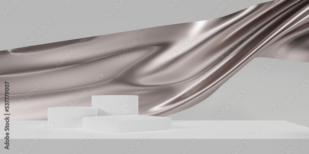 Silver color podium on silver fabric flying wave. Luxury background for ...