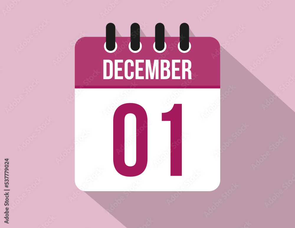 1 day December calendar. Calendar vector for December in pink color on ...