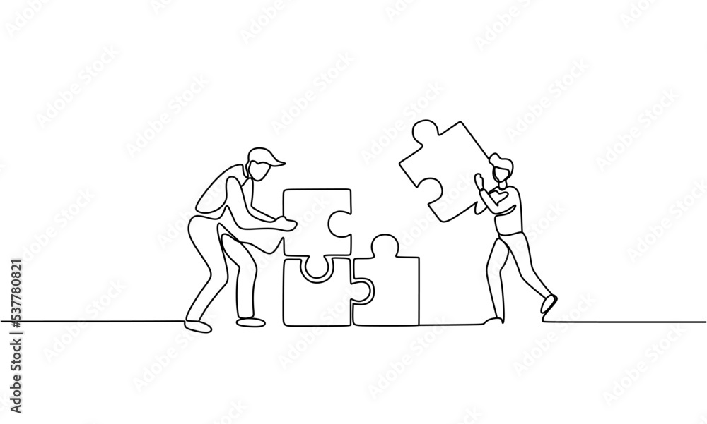 One continuous line drawing of two young businessmen push puzzle pieces ...