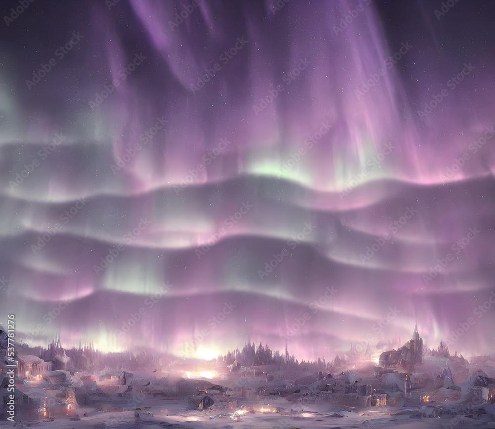 digital art painting of a legendary mythical city in tundra at night ...