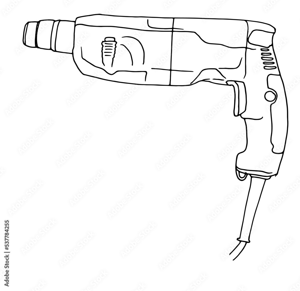 A contour illustration of a drilling drill or a puncher, drawn by hand ...
