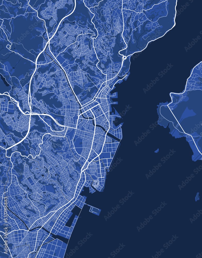 Detailed map poster of Kagoshima city, linear print map. Blue skyline ...