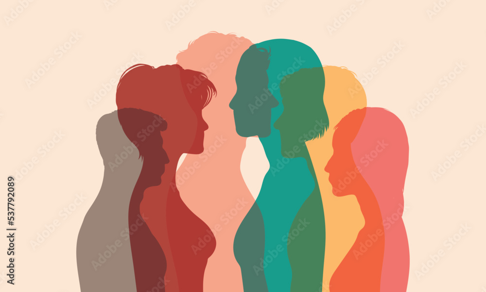 cartoon character profiles are collared. A crowd is talking and ...