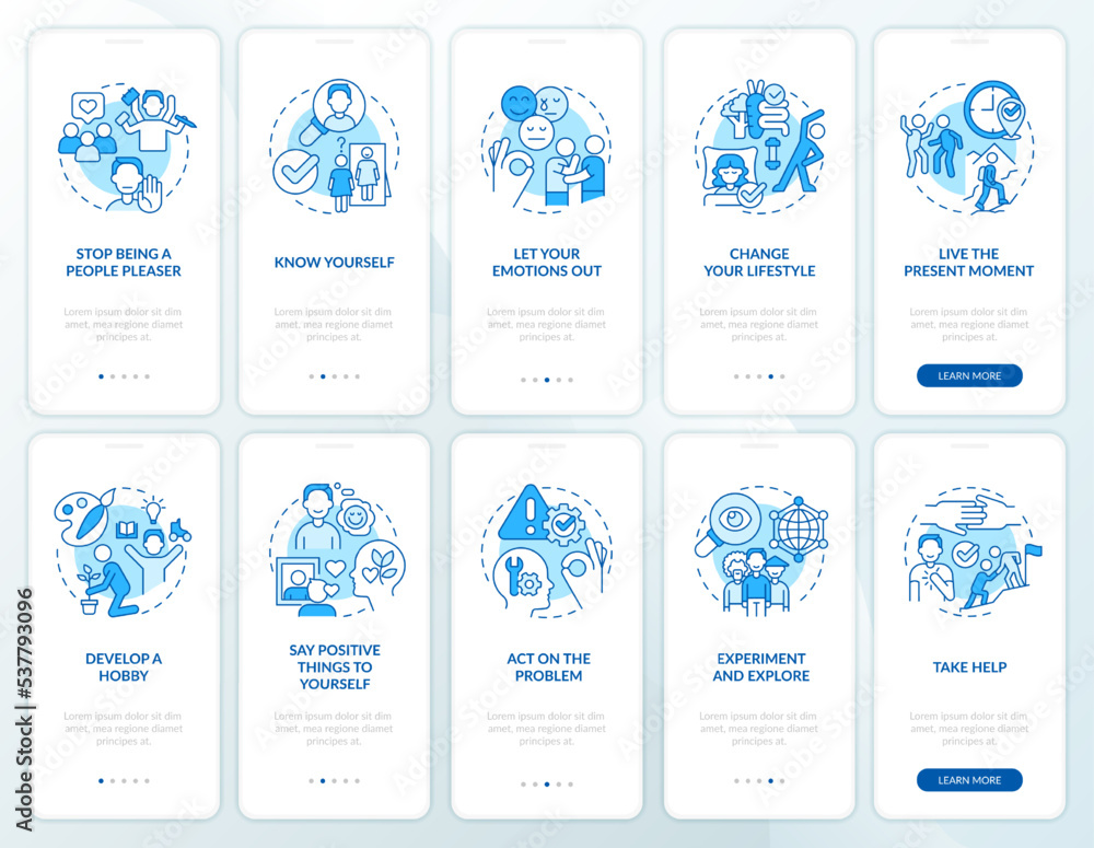 Improving self esteem blue onboarding mobile app screen set. Therapy ...