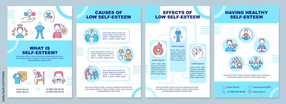 Self esteem blue brochure template. Mental health. Leaflet design with ...