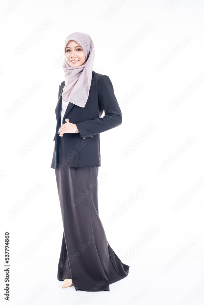 Portrait of Muslim woman in office attire and wearing a hijab. Asian ...