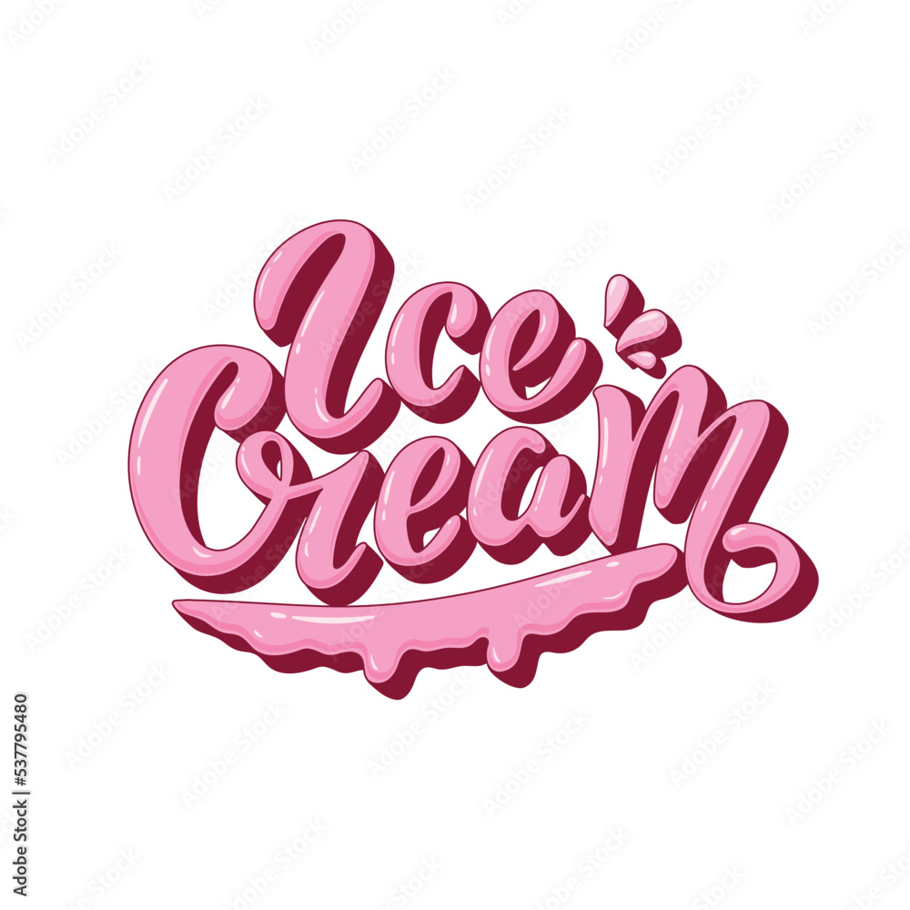 Ice Cream logo. Vector hand lettering. Volume glossy pink letters with ...