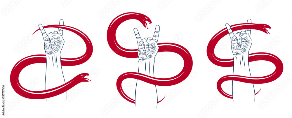 Rock hand sign with aggressive snake set, hot music Rock and Roll ...
