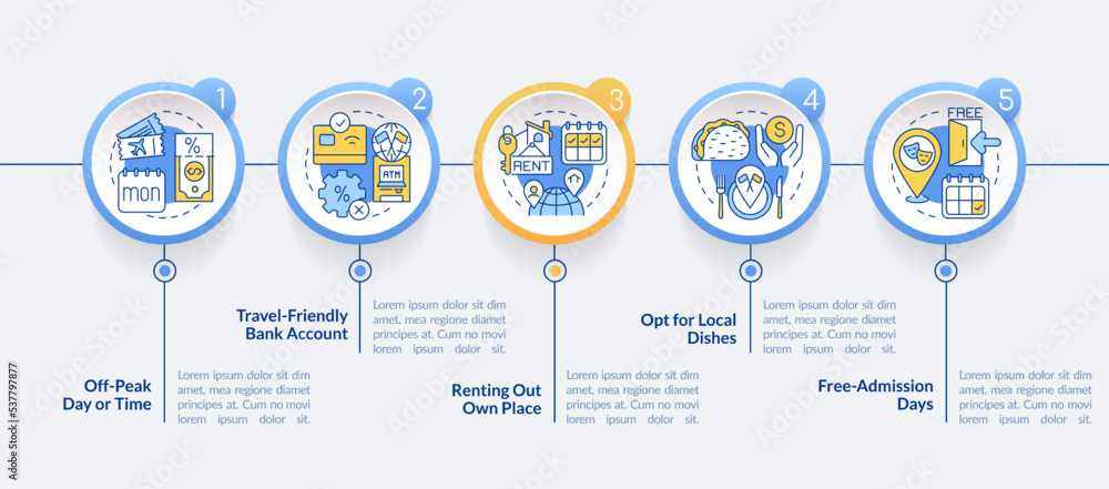 Reduce travel costs circle infographic template. Save money tips. Data ...