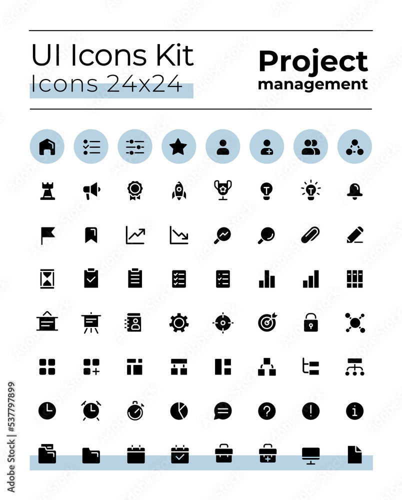 Project management black glyph ui icons kit. Business planning. Silhouette symbols on white ...