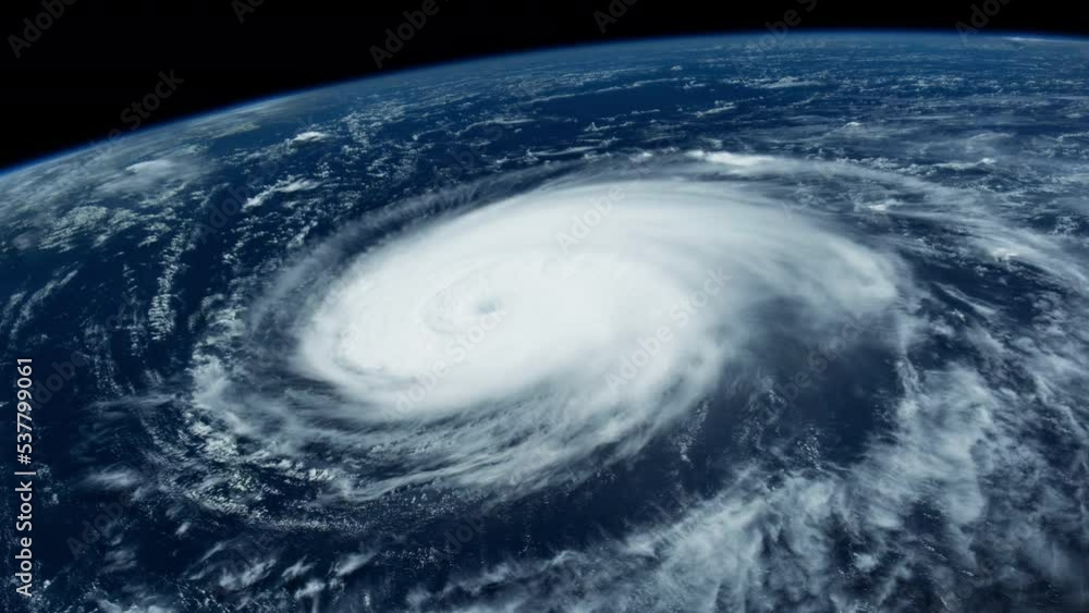 Hurricane rotating clouds on planet earth view from space starry sky in ...