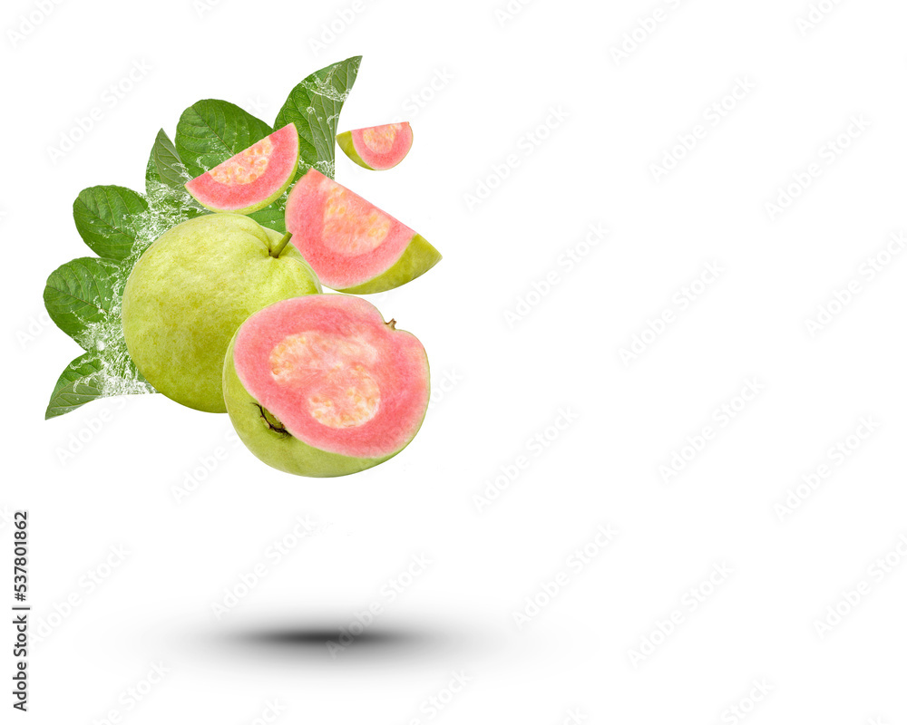Water splash on fresh Guava fruit with leaves isolated on transparent ...
