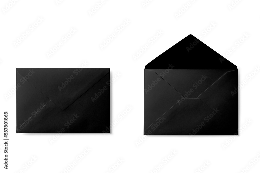 Black paper envelope open and closed mockup isolated on white ...