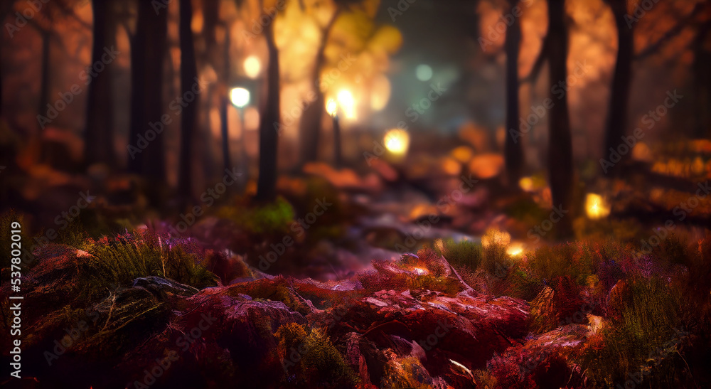 colorful Very beautiful fall forest at night with an epic fall foliage. Gloomy fantasy forest ...