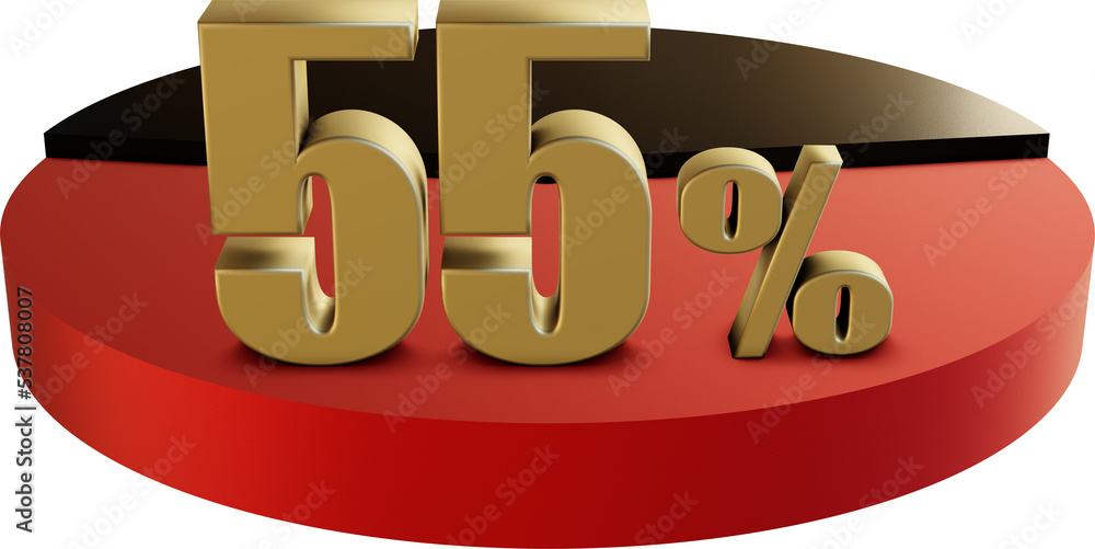 Pie chart 3D illustration 55% percent element. Statistics, increase ...