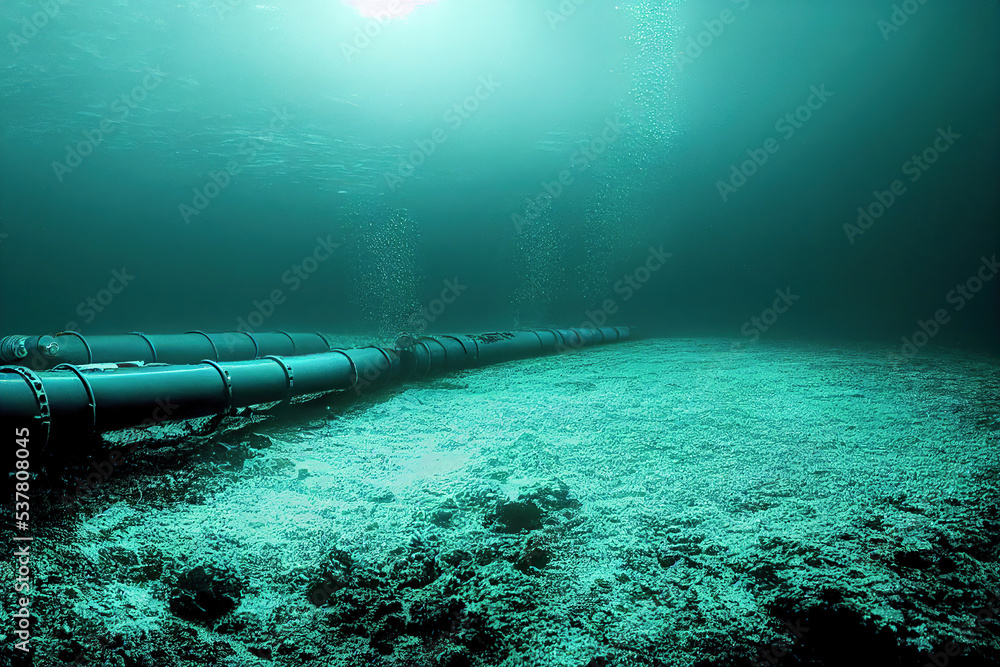 3d Rendering of underwater plumbing concept, metal pipes under the sea ...