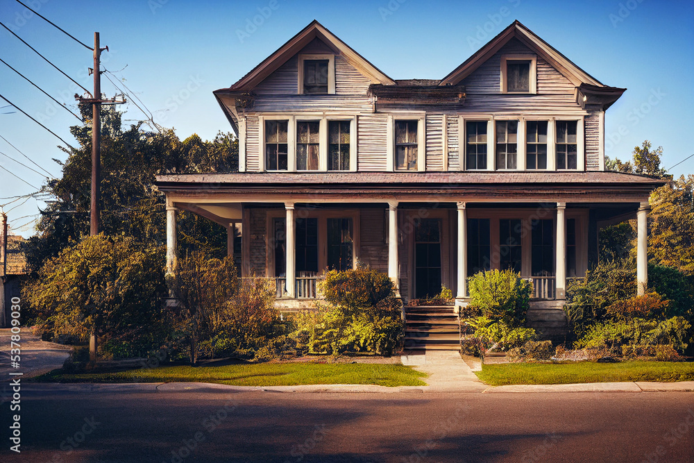 ภาพประกอบสต็อก Old and classic house exterior design concept. 3D ...