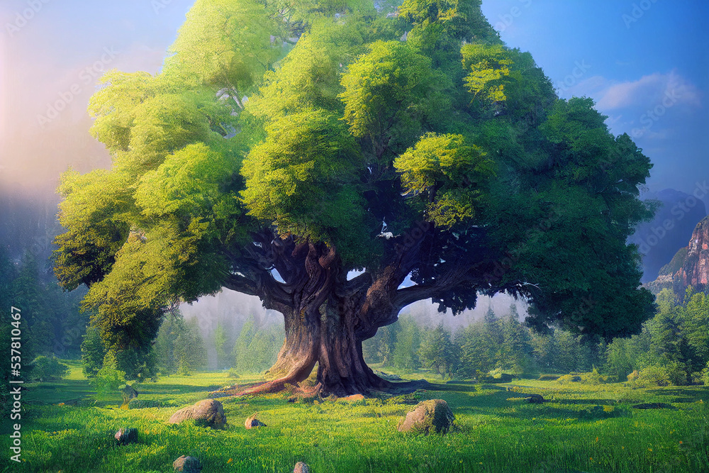Fantasy a giant green tree on the mountain with blue sky, digital art ...