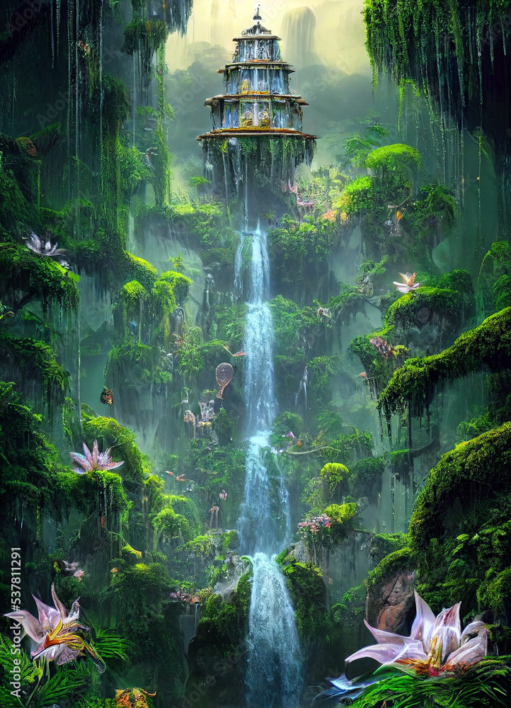 Fantasy hydro temple of water lush magical dream. CG artwork design. 3D ...