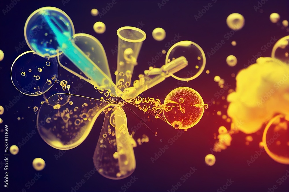 Pharmacy and chemistry theme. Test glass flask with solution in ...
