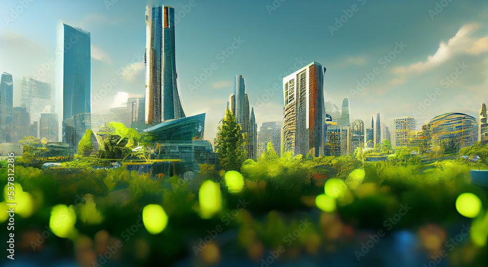 Spectacular eco-futuristic cityscape full with greenery, sky scrapers, parks, and other manmade ...