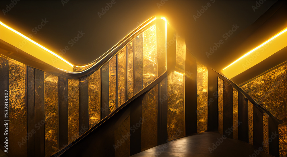 Abstract black and gold geometric with bright colored neon lights on a ...