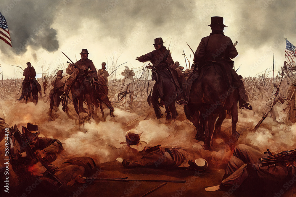 Horseback soldiers with muskets on horses during the American civil war ...