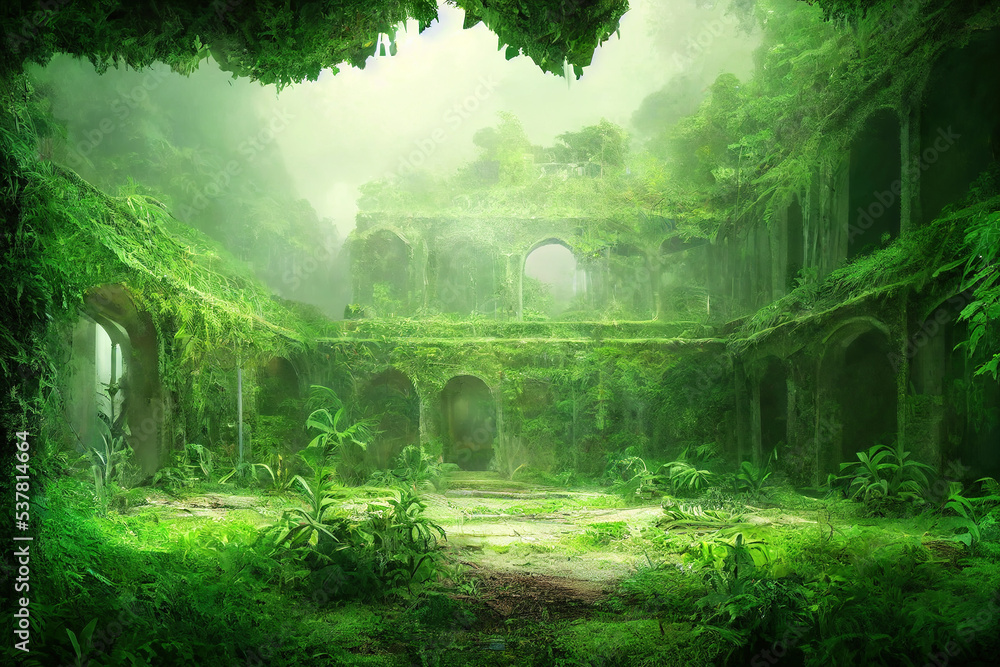 Digital illustration of exotic overgrown structure of an ancient temple in the middle of a ...