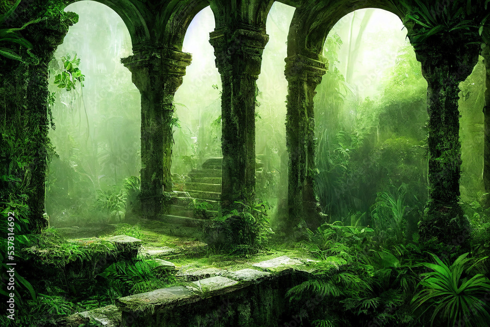 Concept art featuring an abandoned palace overgrown by jungle ...