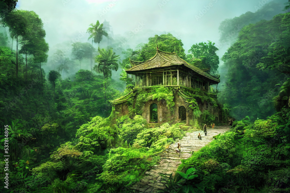 An ancient forgotten temple with overgrown jungle and vegetation ...