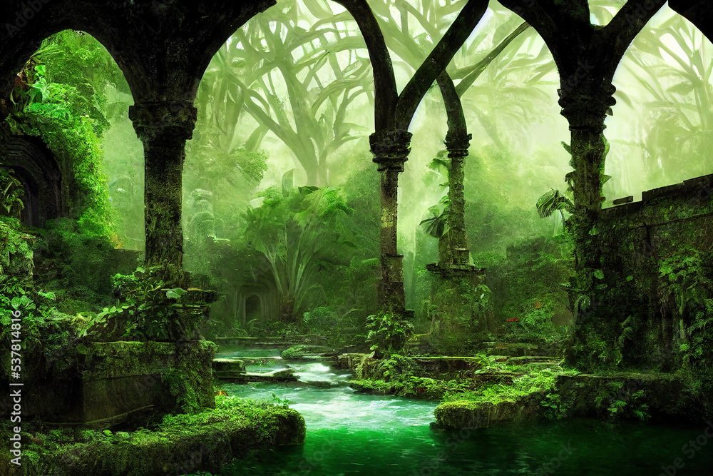 An ancient abandoned palace in the jungle overgrown by vegetation and ...