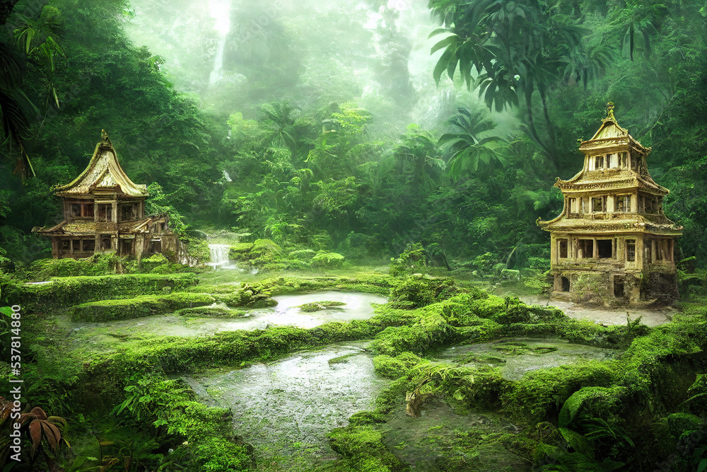 Digital illustration of an ancient forgotten temple with overgrown ...