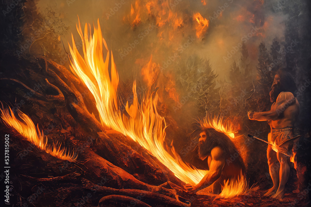 Prehistoric cavemen discovering fire. Two neanderthals of the ...