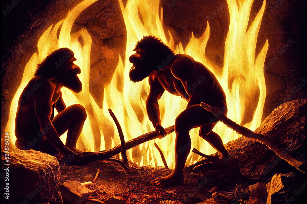Digital illustration of prehistoric cavemen discovering fire. Two ...