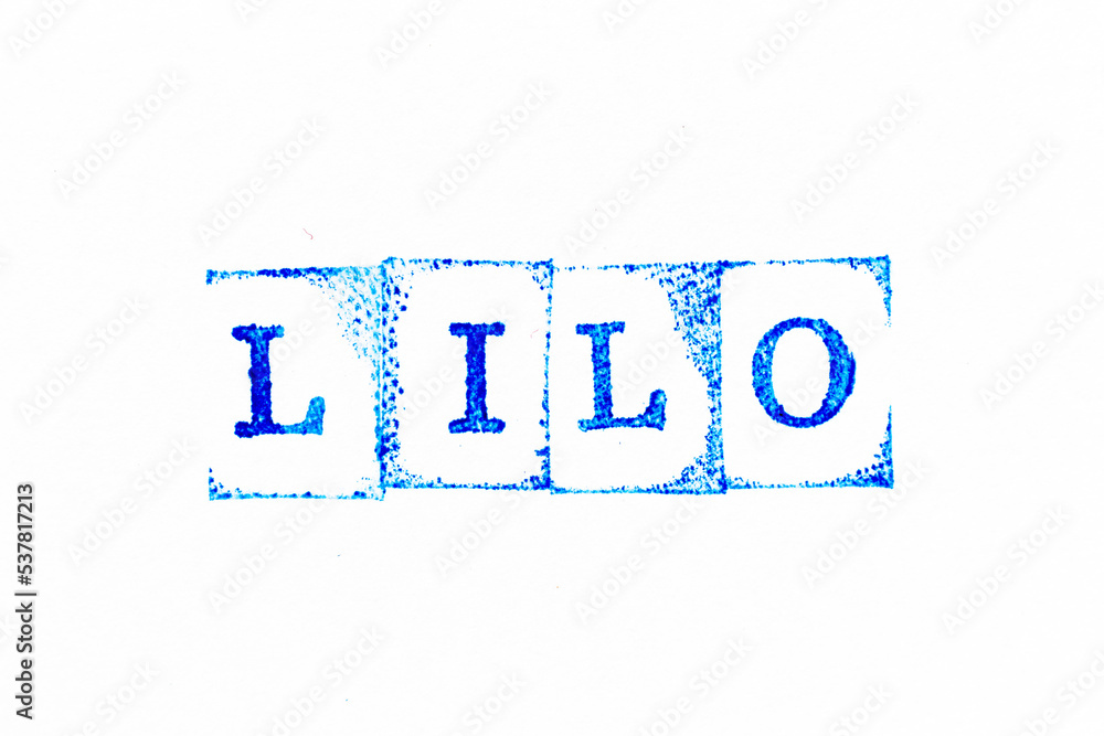 Blue color ink rubber stamp in word LILO (abbreviation of last in last ...