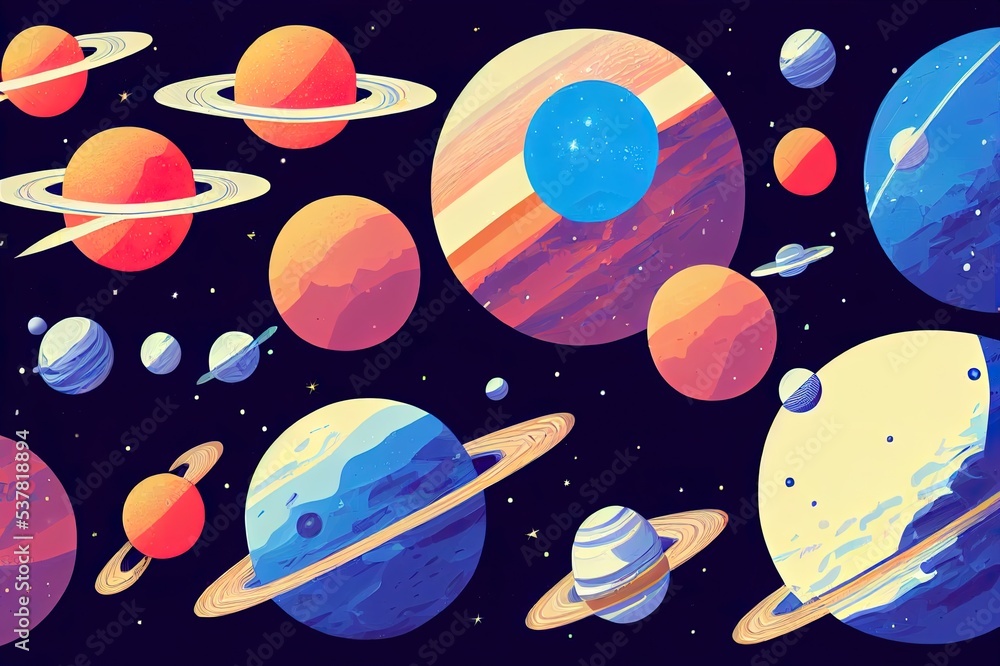 Space, astronaut and galaxy. 2d abstract illustrations of planets, mars ...