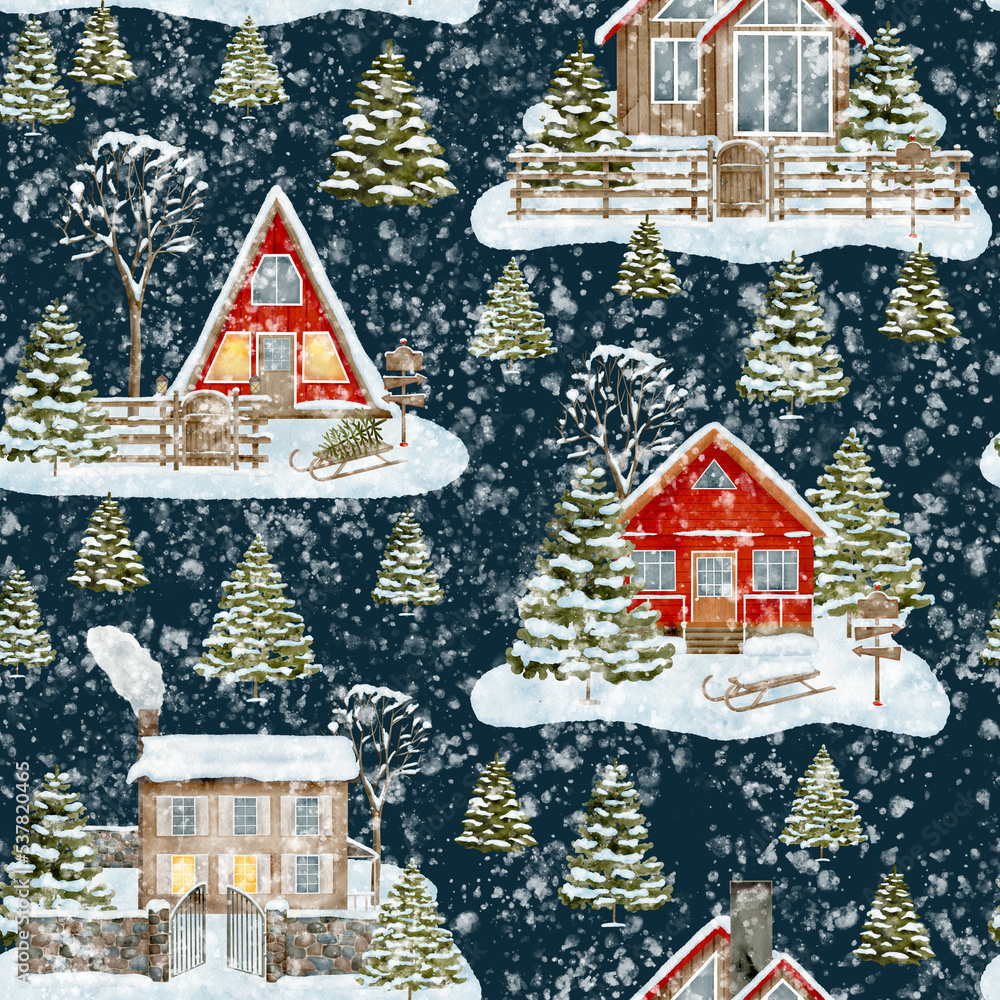Watercolor Christmas night seamless pattern with winter houses. Hand ...